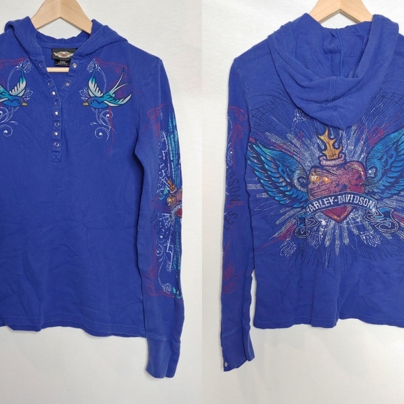 Harley-Davidson | Tops | Harley Davidson Waffle Knit Henley Hooded Long ...